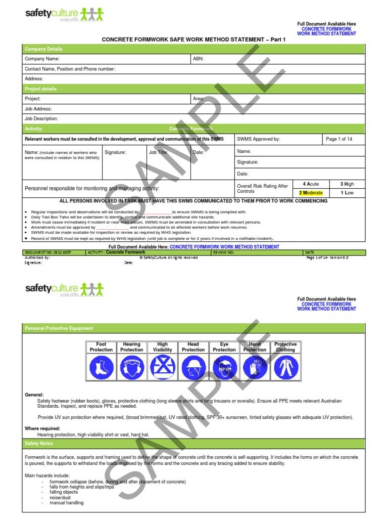 Concrete Formwork Work Method Statement (SWMS) V8 | Personal Protective ...