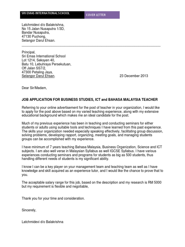 Cover Letter for Teaching Position | PDF | Career & Growth | Self ...