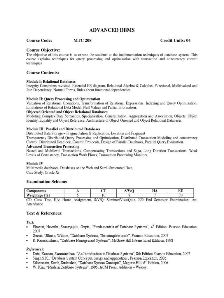 ADBMS Syllabus | PDF | Relational Model | Database Transaction