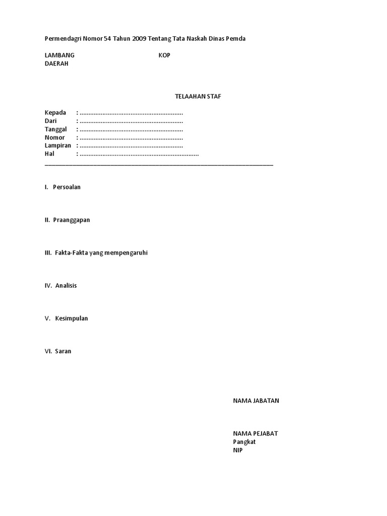 Format Telaahan Staf Dari Permendagri TTG Tata Naskah Dinas | PDF