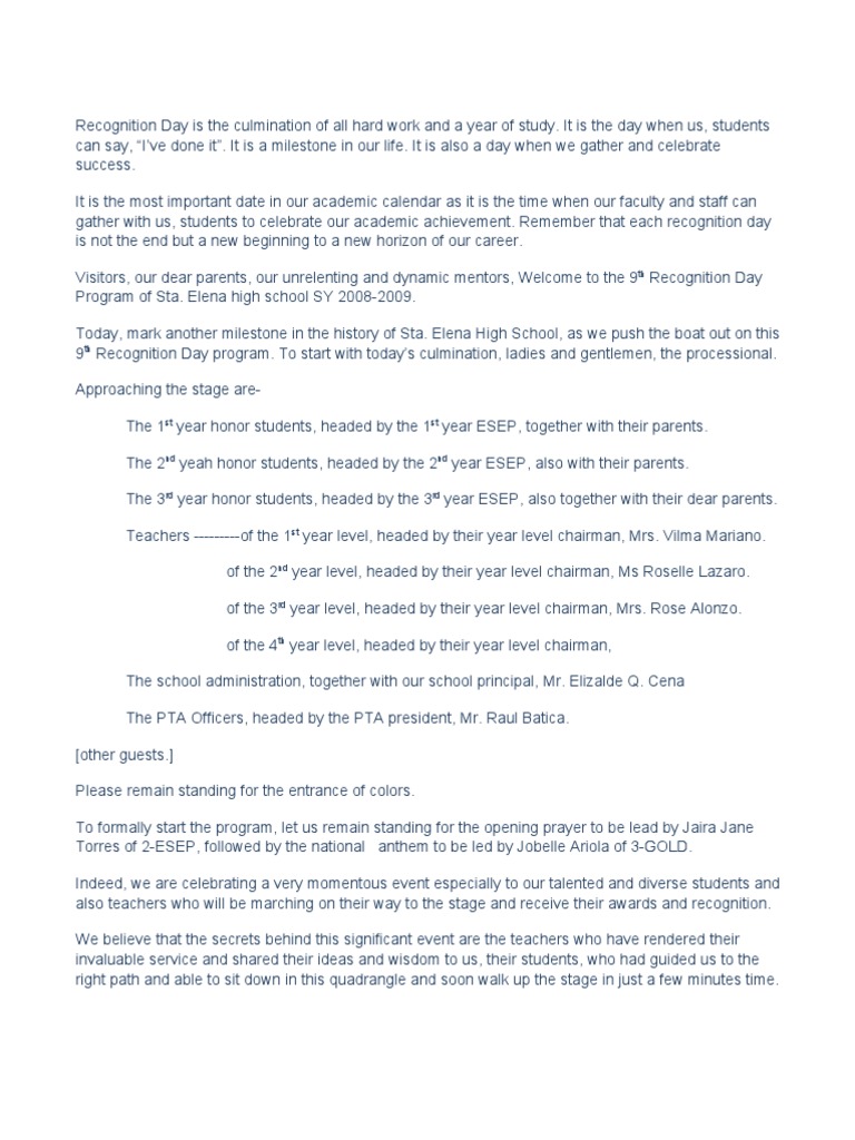 Recognition Day Program Script | PDF