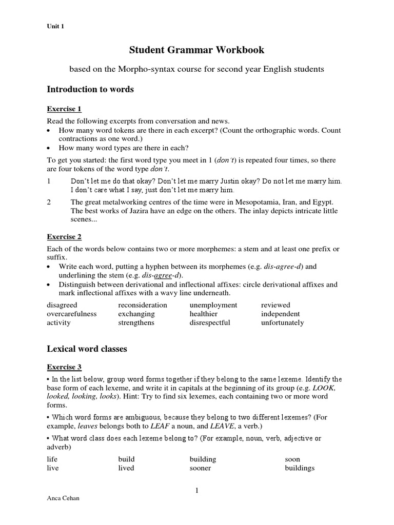 Student Grammar Workbook1 | PDF | Morphology (Linguistics) | Part Of Speech