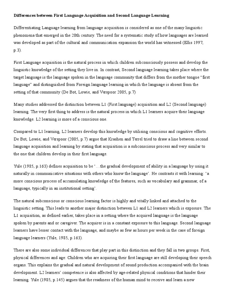 Differences Between First Language Acquisition and Second Language Learning | Download Free PDF ...