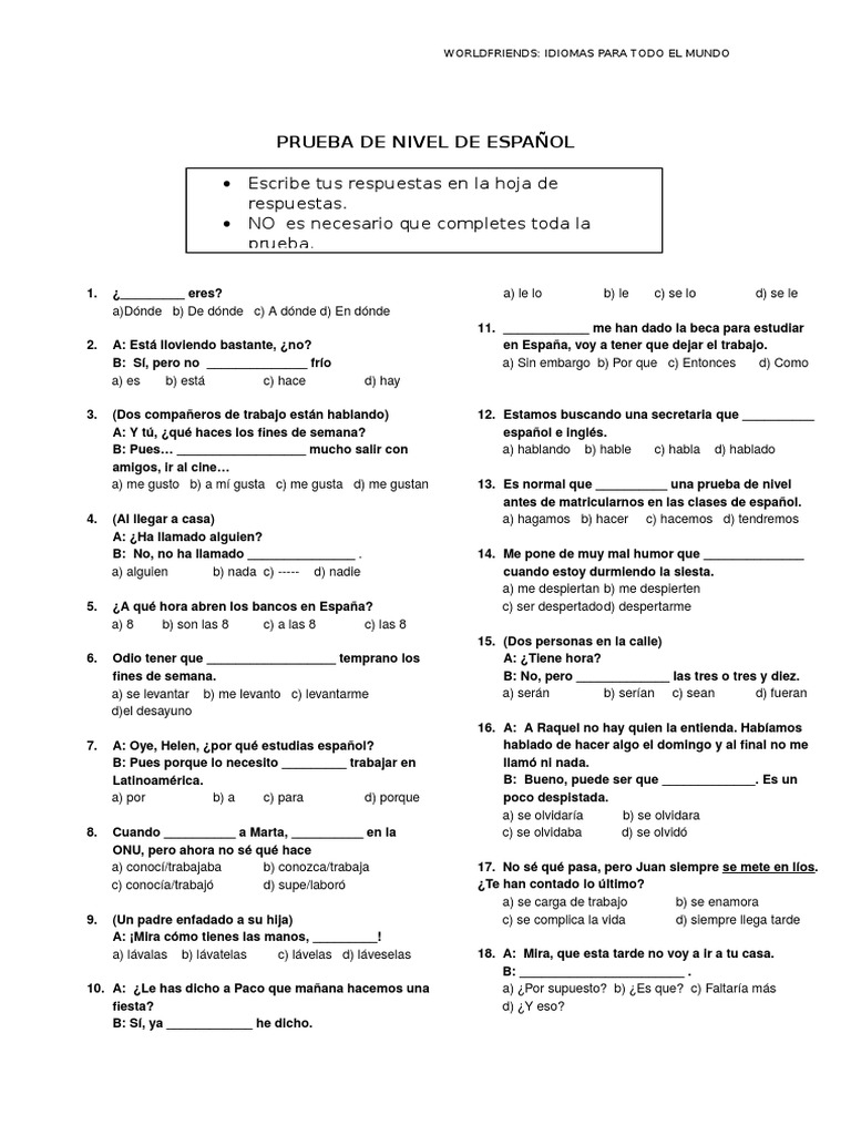 Prueba Nivel Español Con Respuestas | PDF | Ocio