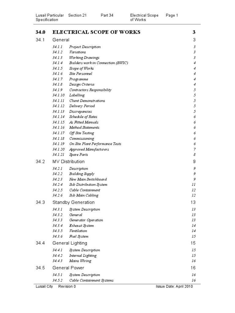 Part 34 Electrical Scope of Works (Qtel) | PDF | Electrical Wiring ...