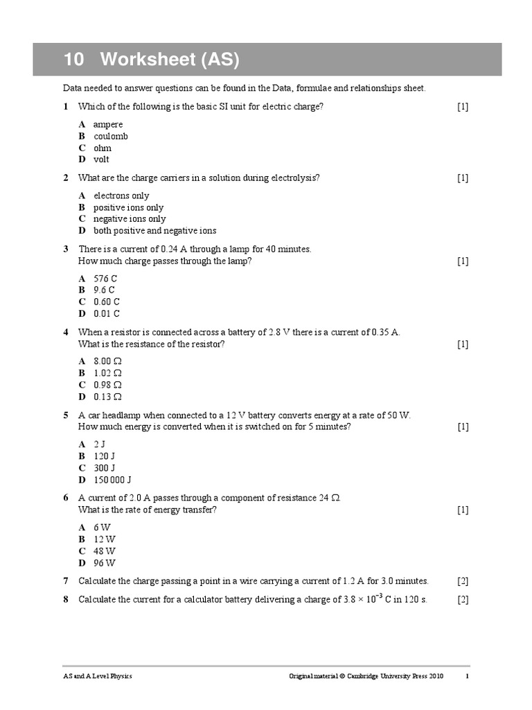 Worksheet 10 | PDF | Electric Current | Electrical Resistance And ...