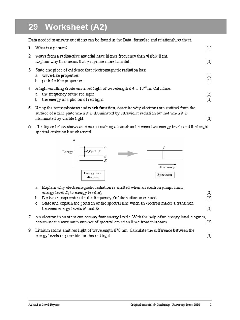 Worksheet 29 | PDF | Energy Level | Spectral Line