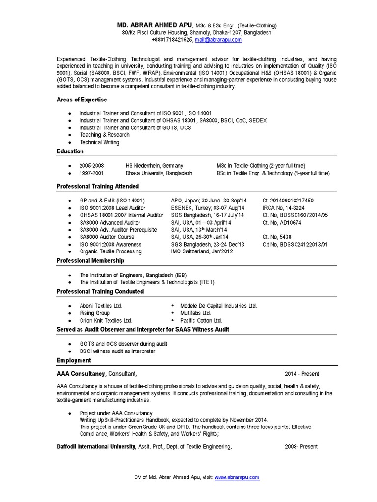 Abrar A Apu CV | PDF | Occupational Safety And Health | Textile And ...