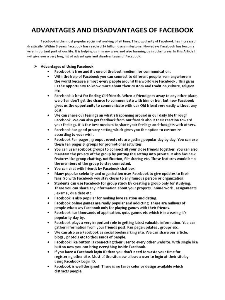 Advantages and Disadvantages of Facebook (Tugas Lidya, Ayu, Alif) | PDF ...