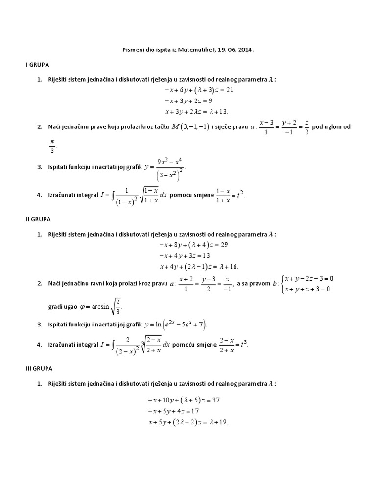 Matematika 1 Masinski Fakultet Rjesenja Ispitnih Zadataka | PDF
