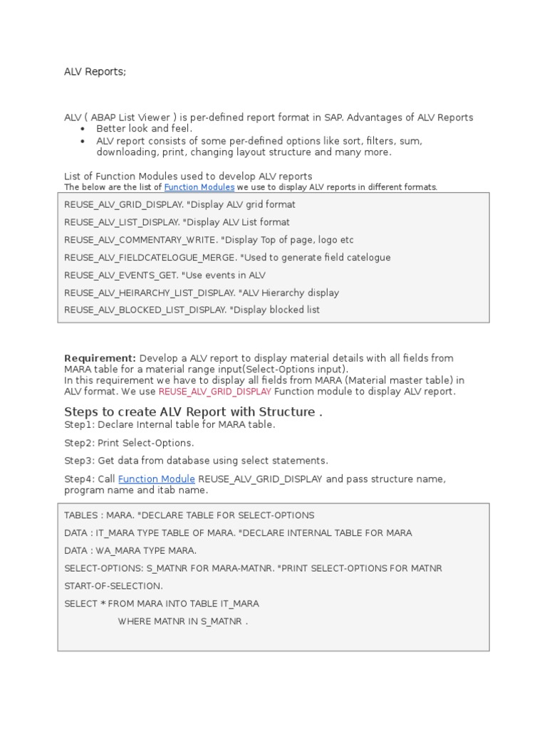 ALV Reports | PDF | Subroutine | Parameter (Computer Programming)