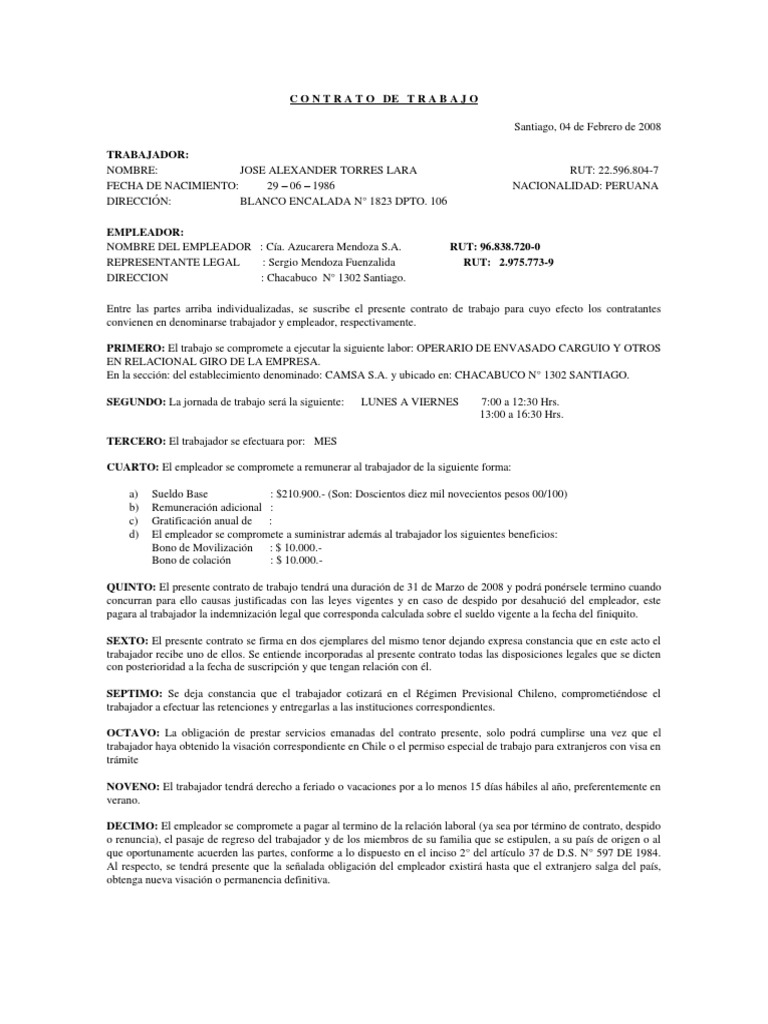 Modelo de Contrato de Trabajo | PDF | Derecho laboral | Chile