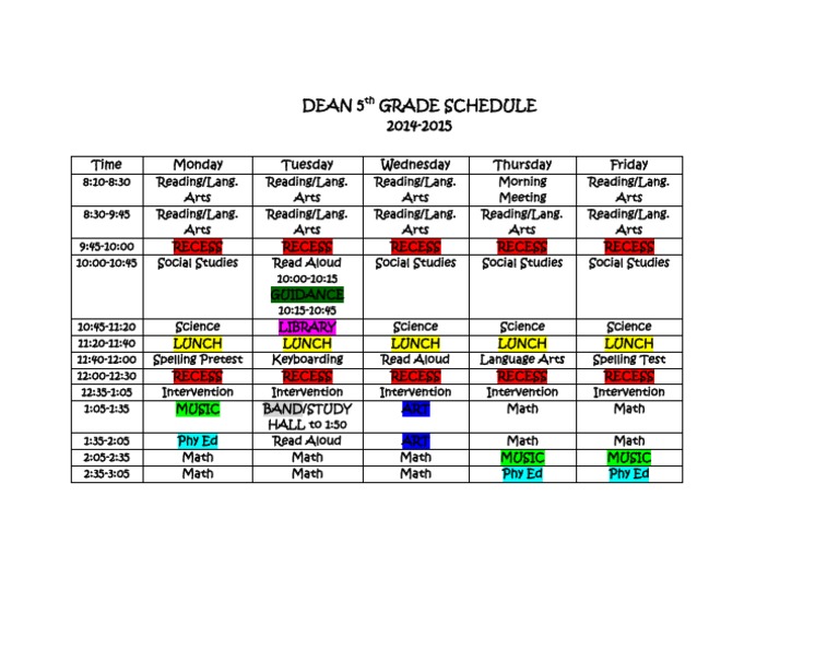 5th Grade Dean Schedule 2014-2015 | PDF