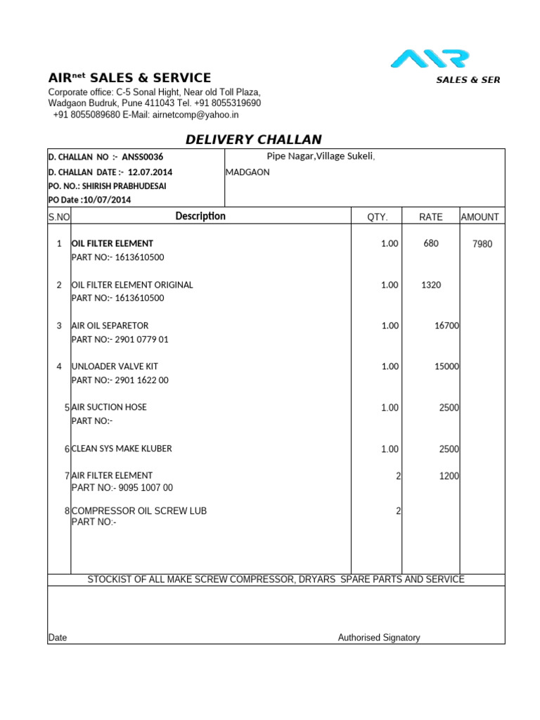 Air Compressor Spare Parts Invoice | PDF
