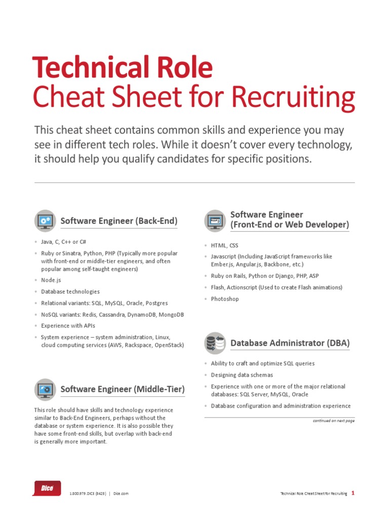 Dice TechnicalRoleCheatSheet | PDF | System Administrator | Scripting Language