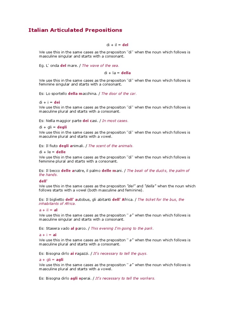 Italian Articulated Prepositions | Grammatical Gender | Preposition And ...