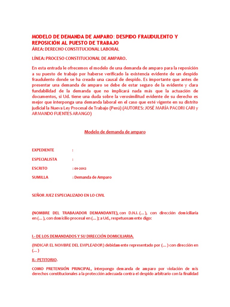 MODELO DE DEMANDA DE AMPARO.docx | Demanda judicial | Derecho laboral