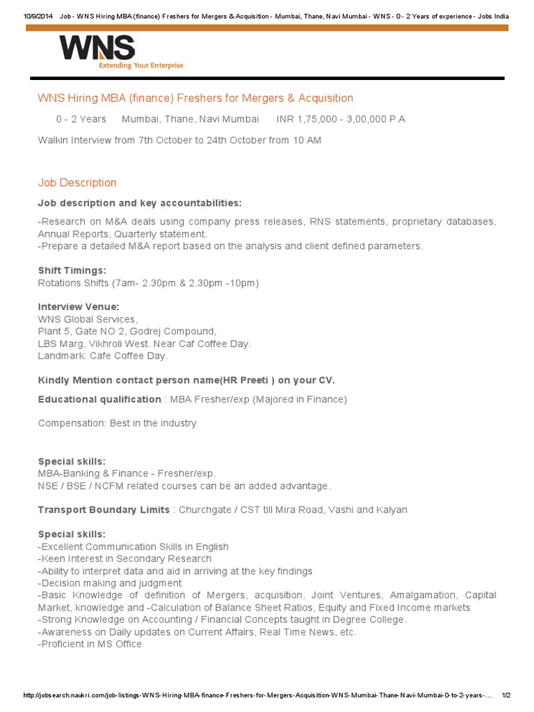 Job - WNS Hiring MBA (Finance) Freshers For Mergers & Acquisition ...