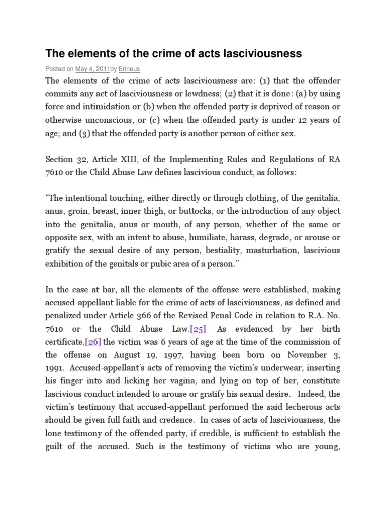 Elements Acts of Lasciviousness | Sexual Abuse | Child Sexual Abuse