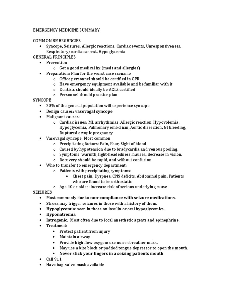 Emergency Medicine Summary | PDF | Health Sciences | Medical Specialties