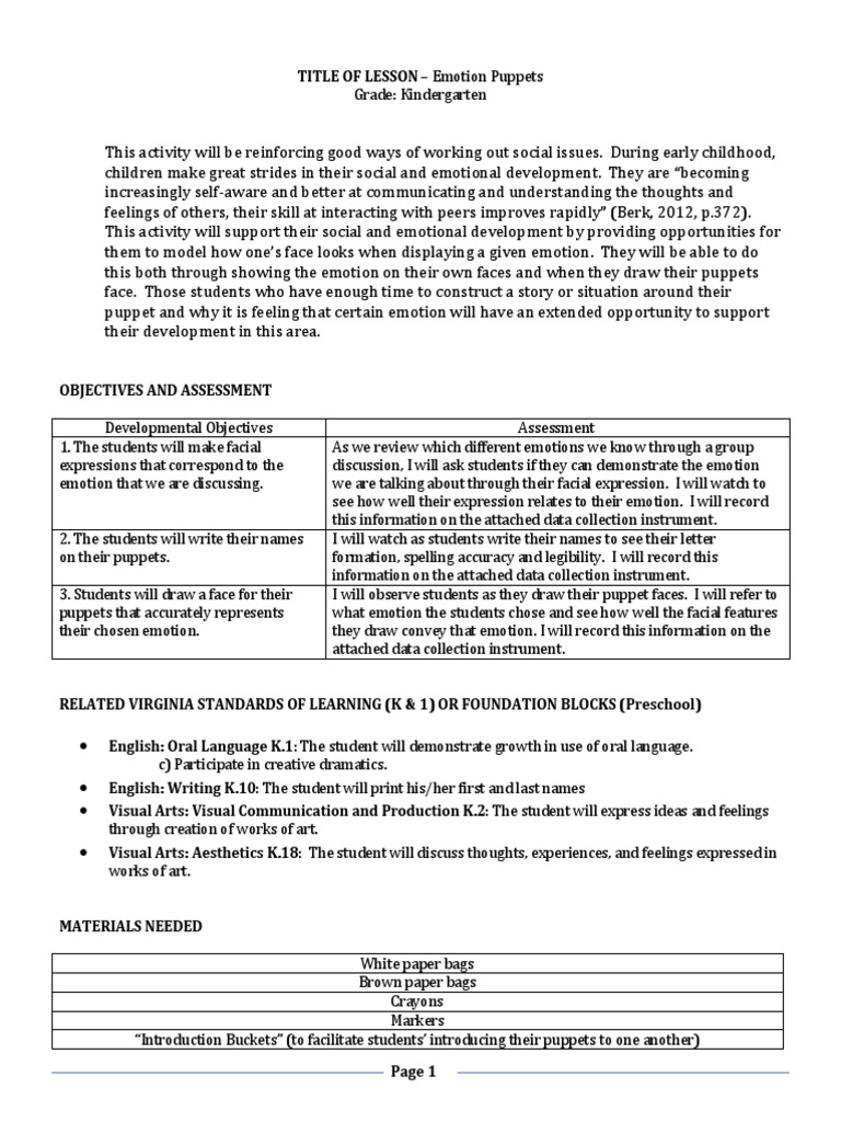 Dramatic Play Puppet Lesson Plan | PDF | Emotions | Reading Comprehension