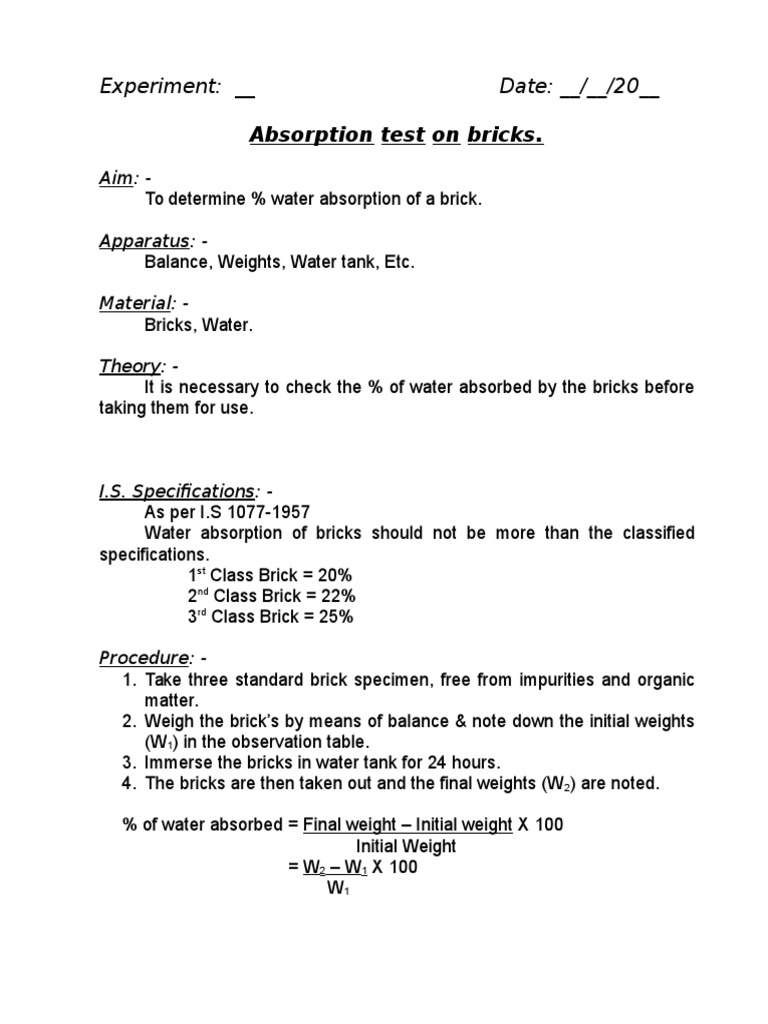 Water Absorption Test for Bricks | PDF | Brick | Weight