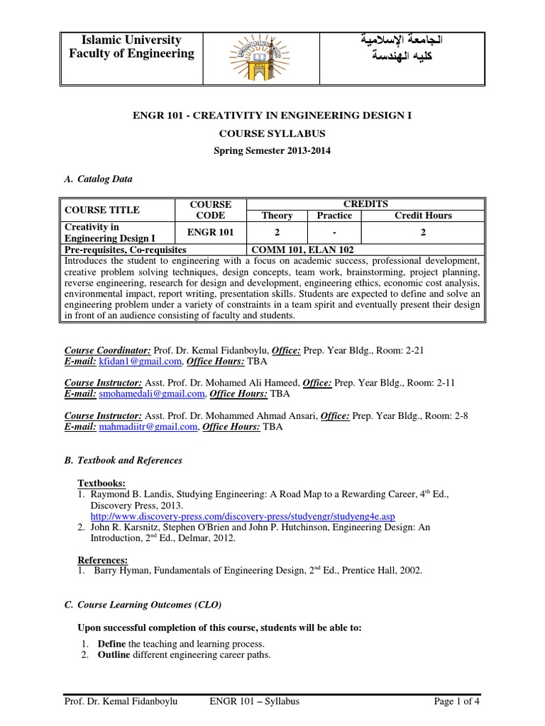 ENGR 101 Syllabus Spring 2013 2014 | PDF | Lecture | Engineering