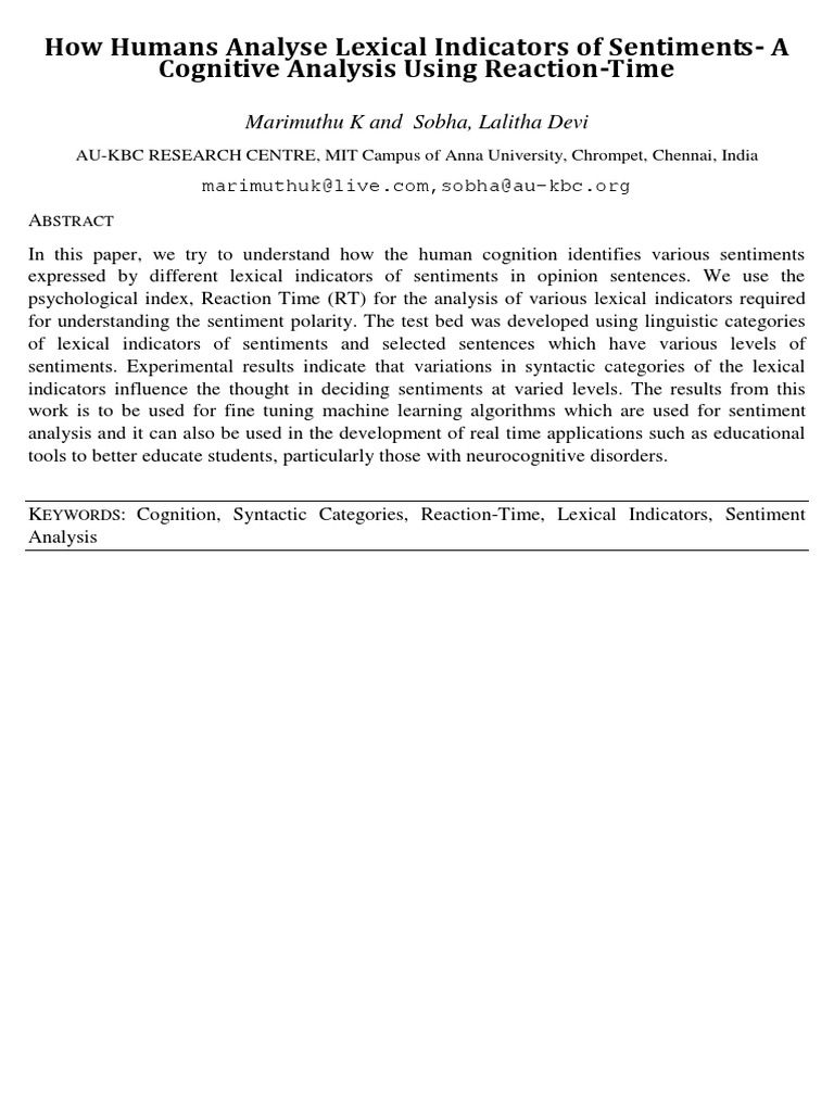 Marimuthu K and Sobha, Lalitha Devi: AU-KBC RESEARCH CENTRE, MIT Campus ...