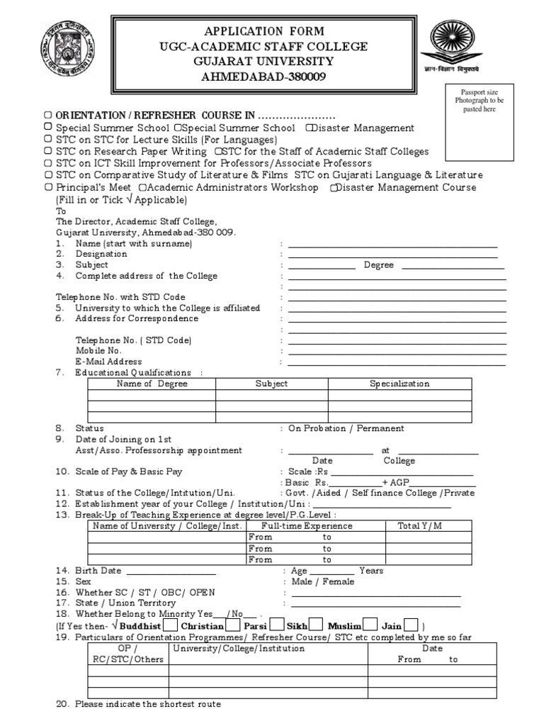 Application Form Ugc-Academic Staff College Gujarat University ...