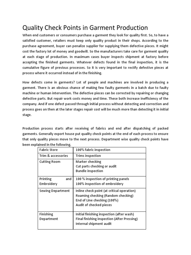 Garment Quality Control Checkpoints | PDF | Seam (Sewing) | Textiles