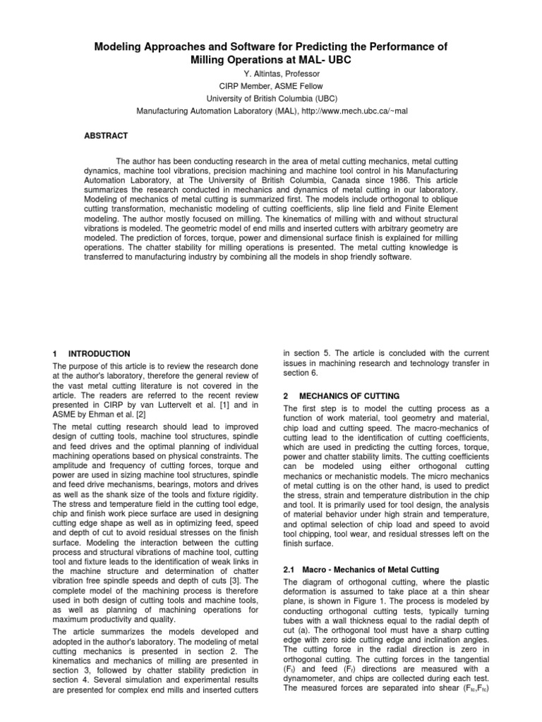 Yusuf Altintas-Cutting Mechanics and Mechanistic Modelling | PDF ...
