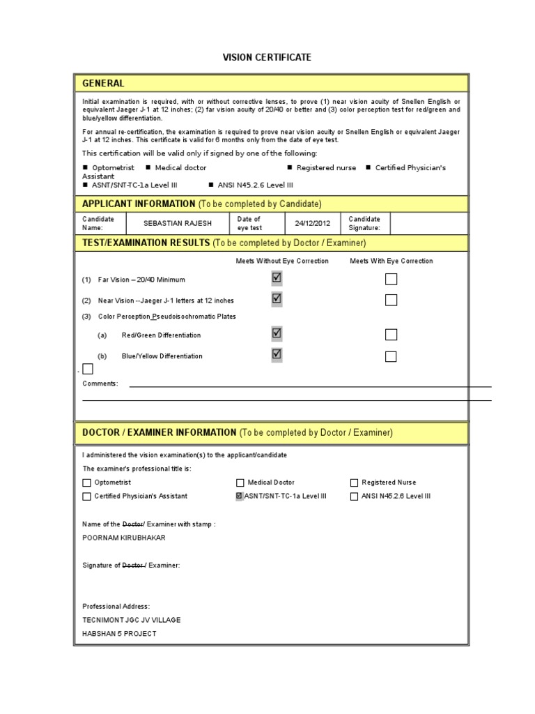 Vision Certificate General | PDF