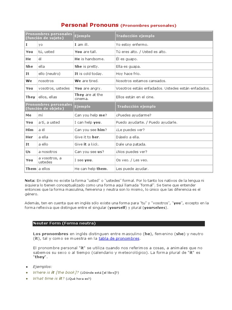 Leccion 1 Personal Pronouns | PDF | Asunto (gramática) | Pronombre
