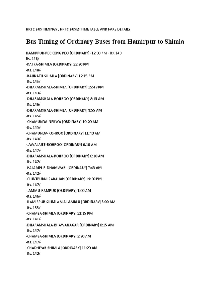 HRTC Bus Timings HRTC Timetable For Buses | PDF | Public Transport ...