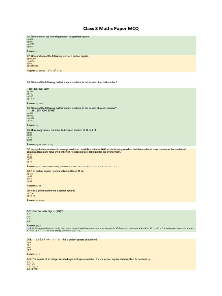 Class 8 Maths Paper MCQ Square Real Numbers and Exponents | PDF