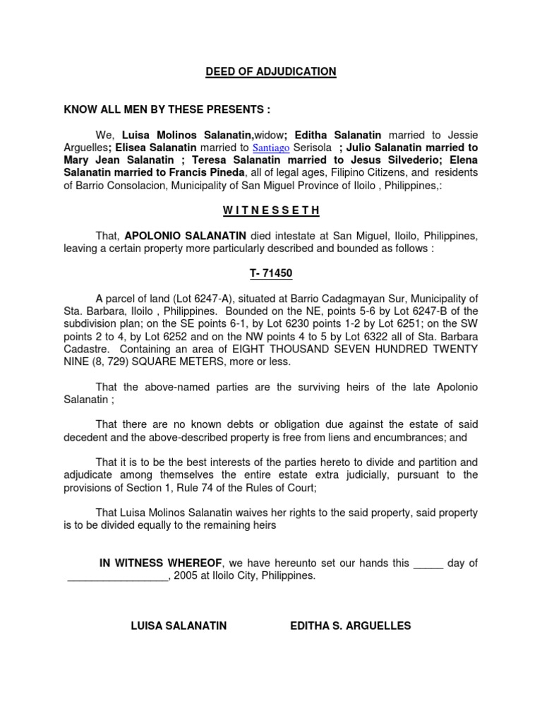 Deed of Adjudication | PDF | Philippines | Deed