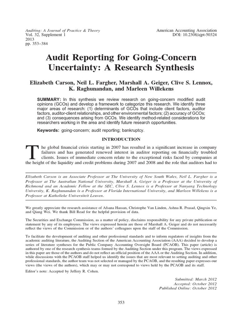 Audit Reporting For Going Concern Pdf Pdf Going Concern Audit