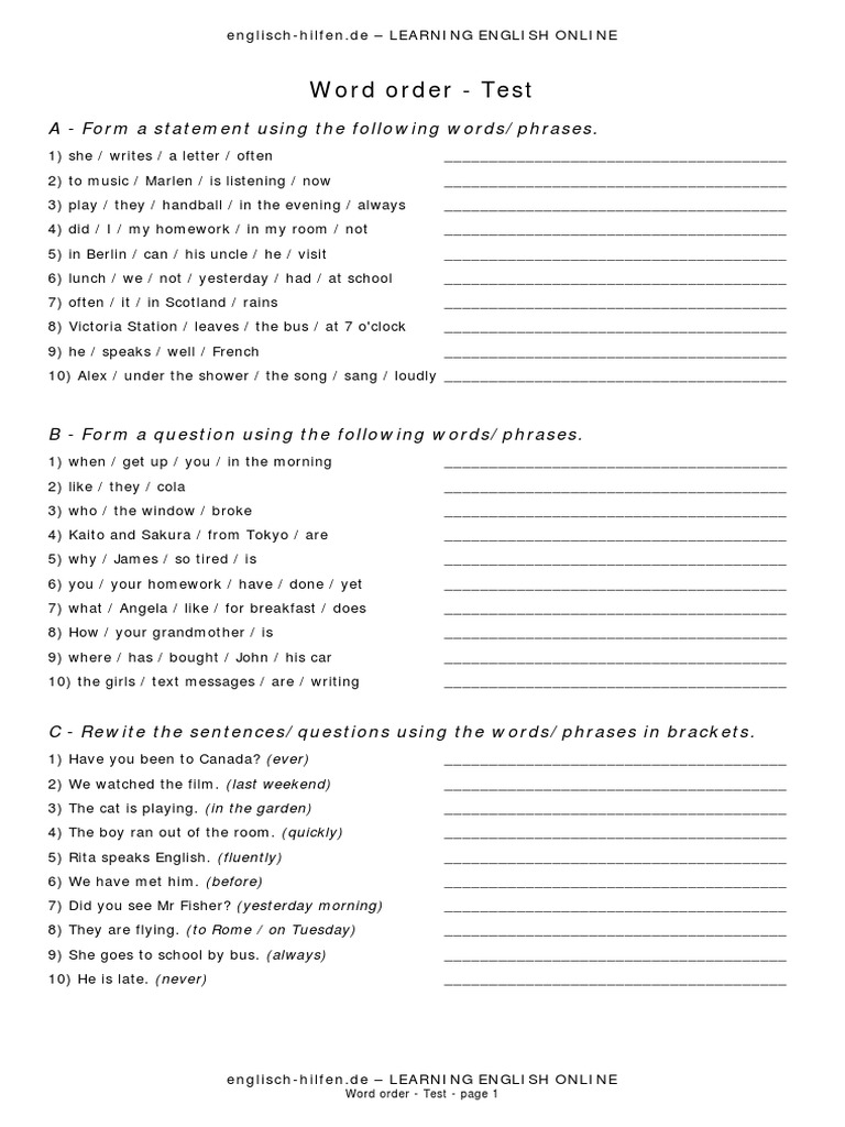 Test - Word Order | PDF | Verb | Syntax