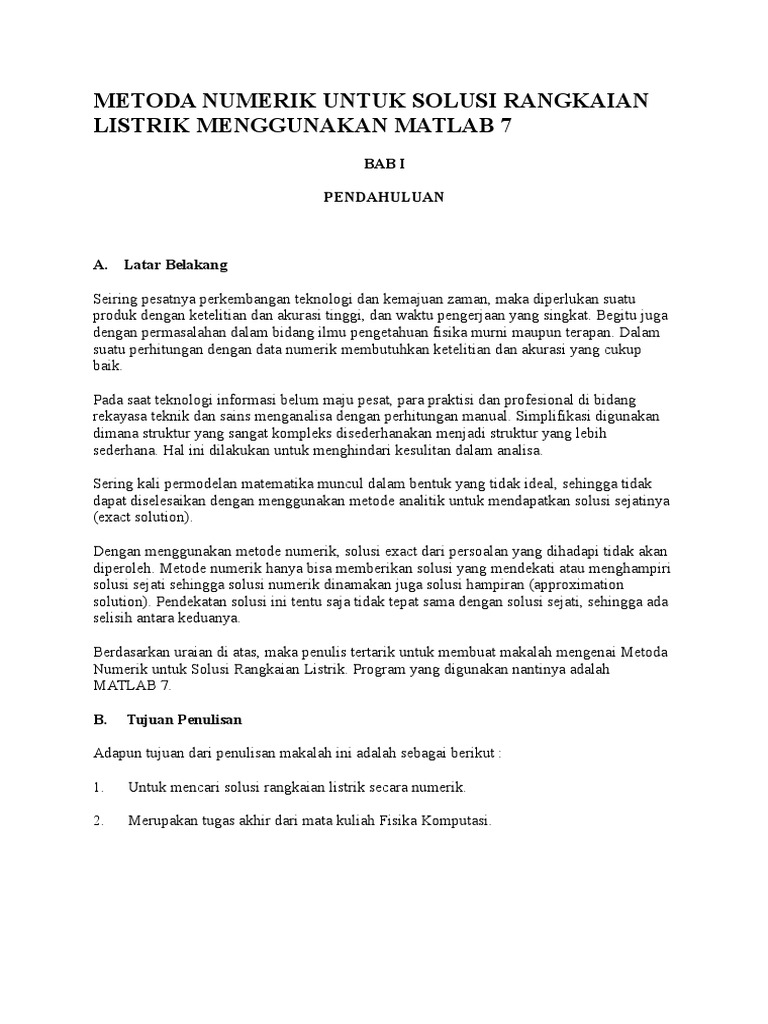Metoda Numerik Untuk Solusi Rangkaian Listrik Menggunakan Matlab | PDF ...