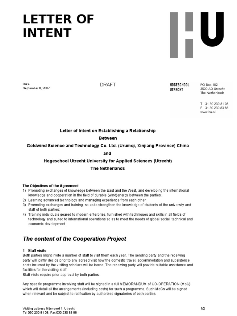 Letter of Intent Draft 2007-09-06 | PDF | Ratification | Learning
