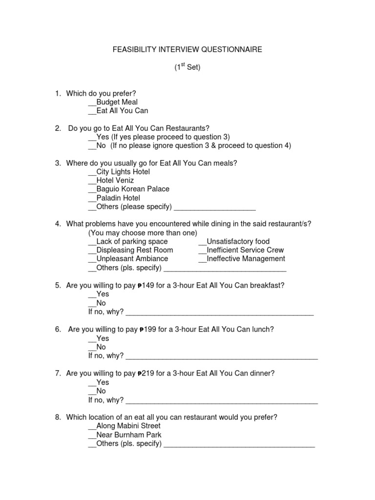 Feasibility Interview Questionnaire | PDF | Lunch | Meal