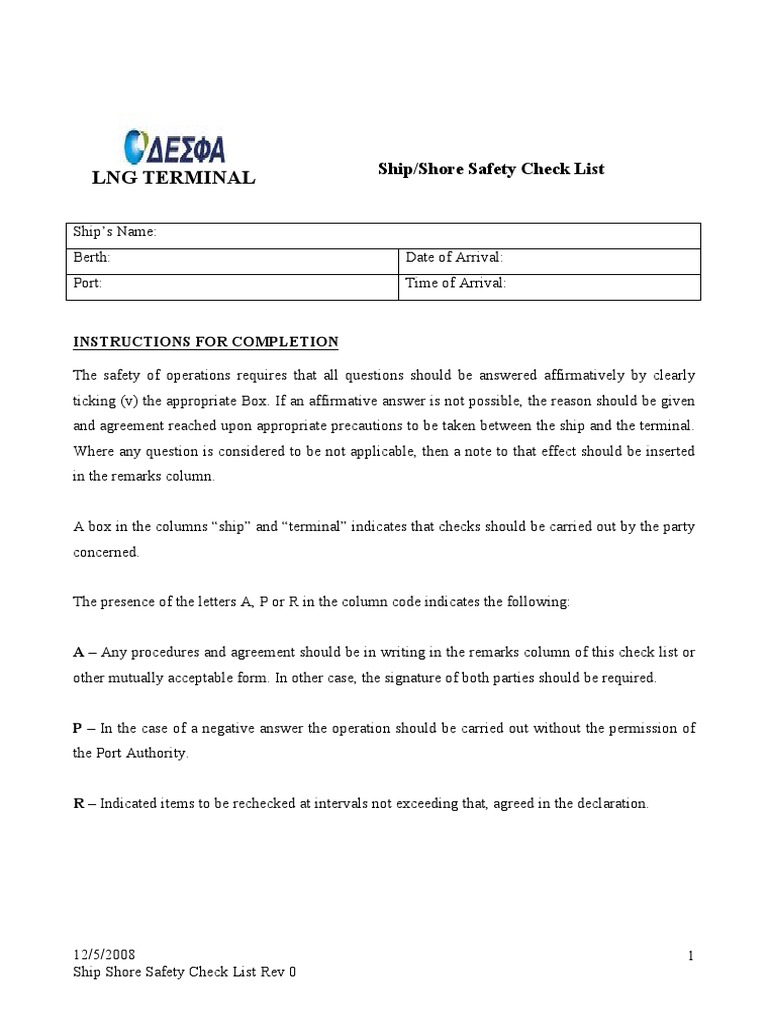 Ship Shore Safety Check List | PDF | Gases | Industries