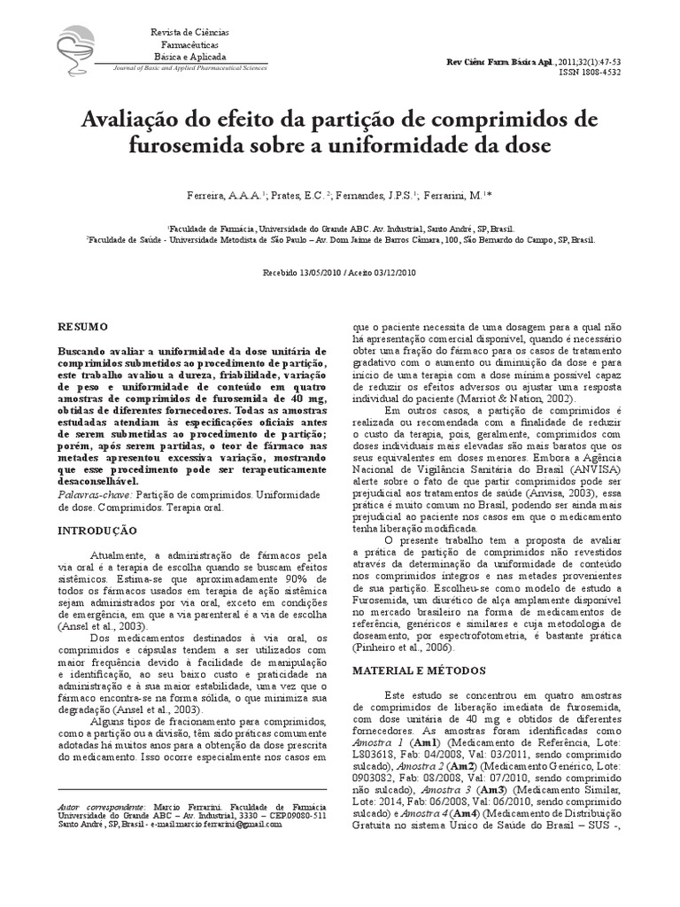 Artigo - Particao de Comprimidos PDF | PDF | Massa | Desvio padrão