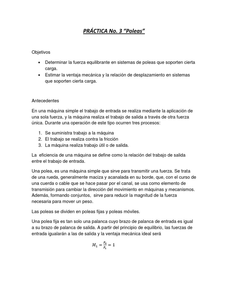 Lab. de Estática Práctica 3. Poleas | Descargar gratis PDF | Física | Ingeniería mecánica