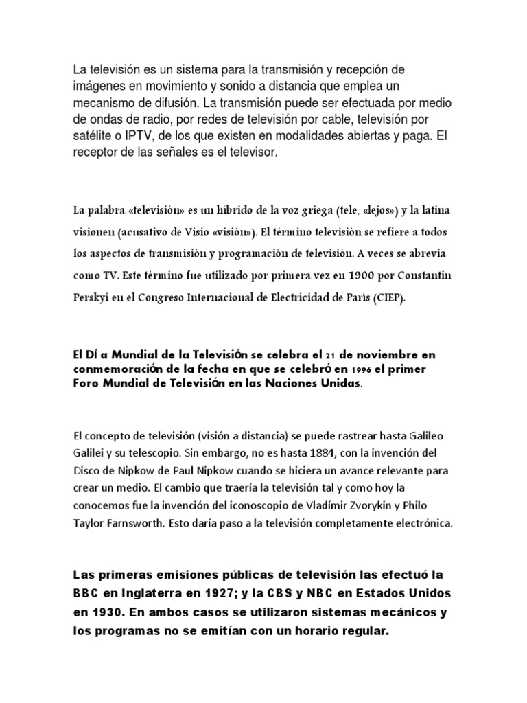 La Televisión Es Un Sistema para La Transmisión y Recepción de Imágenes ...