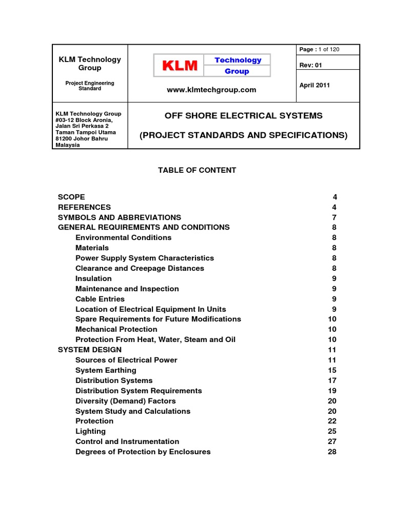 PROJECT STANDARDS AND SPECIFICATIONS Offshore Electrical Systems Rev01 ...