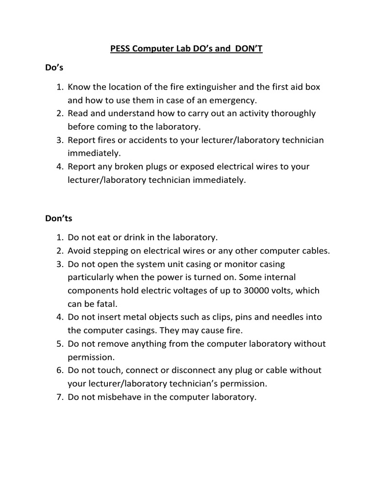 Computer Lab Safety Rules | PDF | Electrical Connector | Laboratories