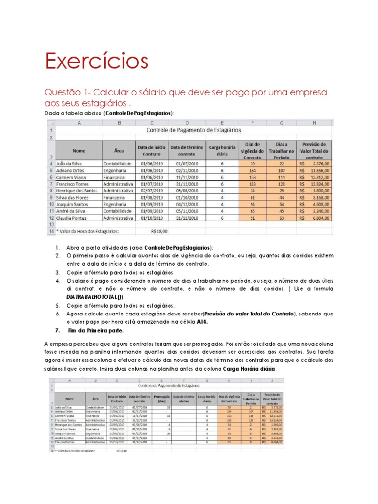 Exercícios Práticos de Excel para Estagiários | PDF | Planilha | Função ...