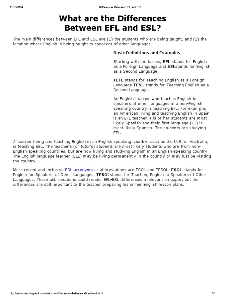 EFL vs. ESL: Key Differences Explained | PDF | Language Arts & Discipline
