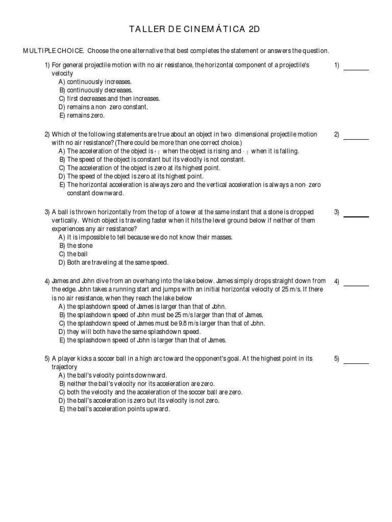 Projectile Motion Multiple Choice Questions and Answers: 2D Kinematics ...